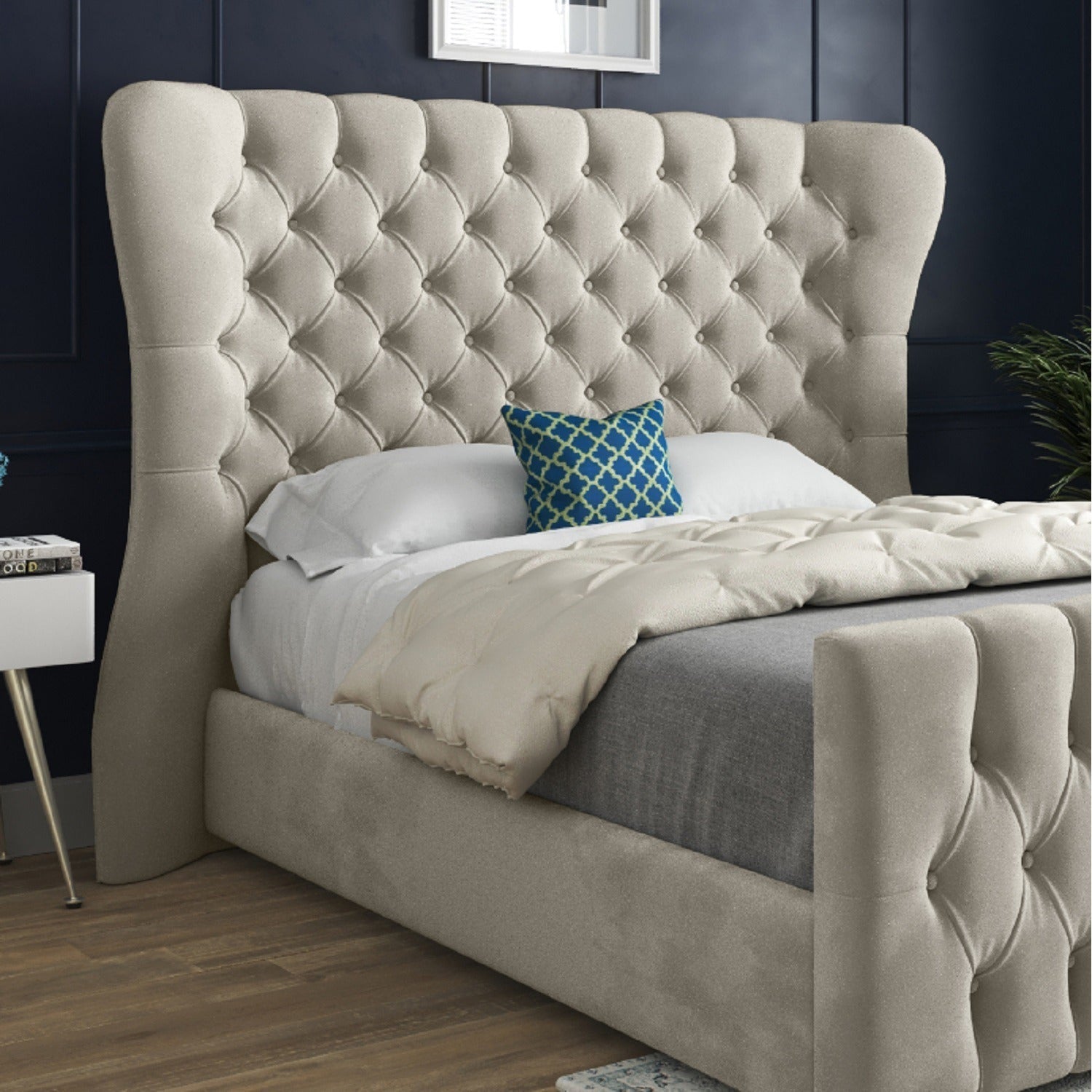 Wingback Wide Curved Upholstered Soft Velvet Fabric Button Bed Frame Cream